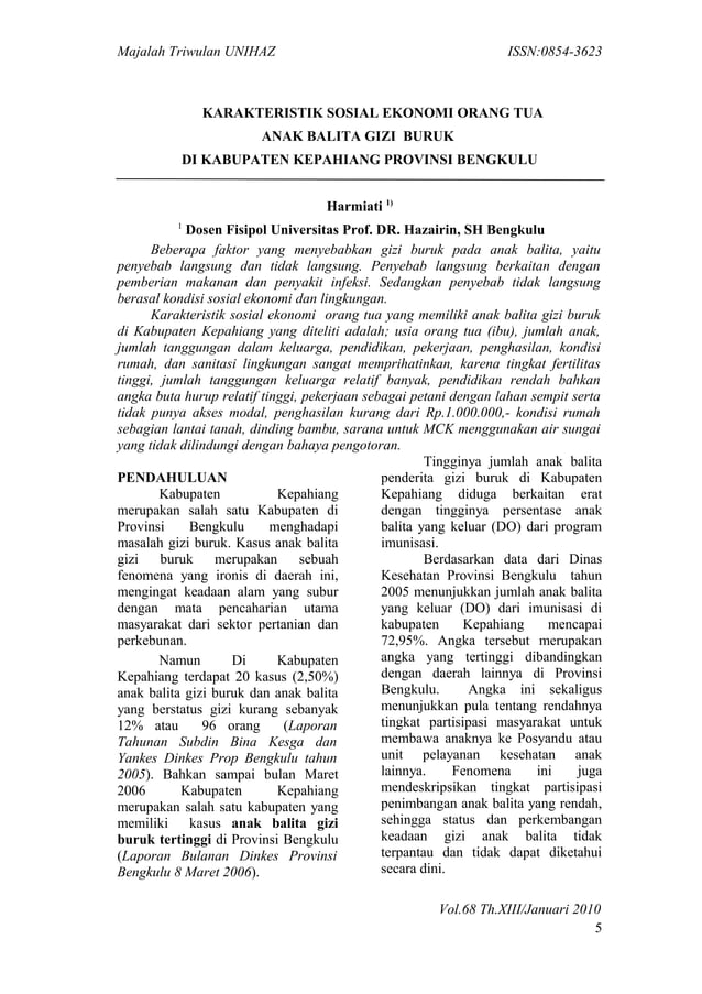Karakteristik Sosial Ekonomi Orang Tua Anak Balita Gizi Buruk di Kabupaten Kepahiang Provinsi ...