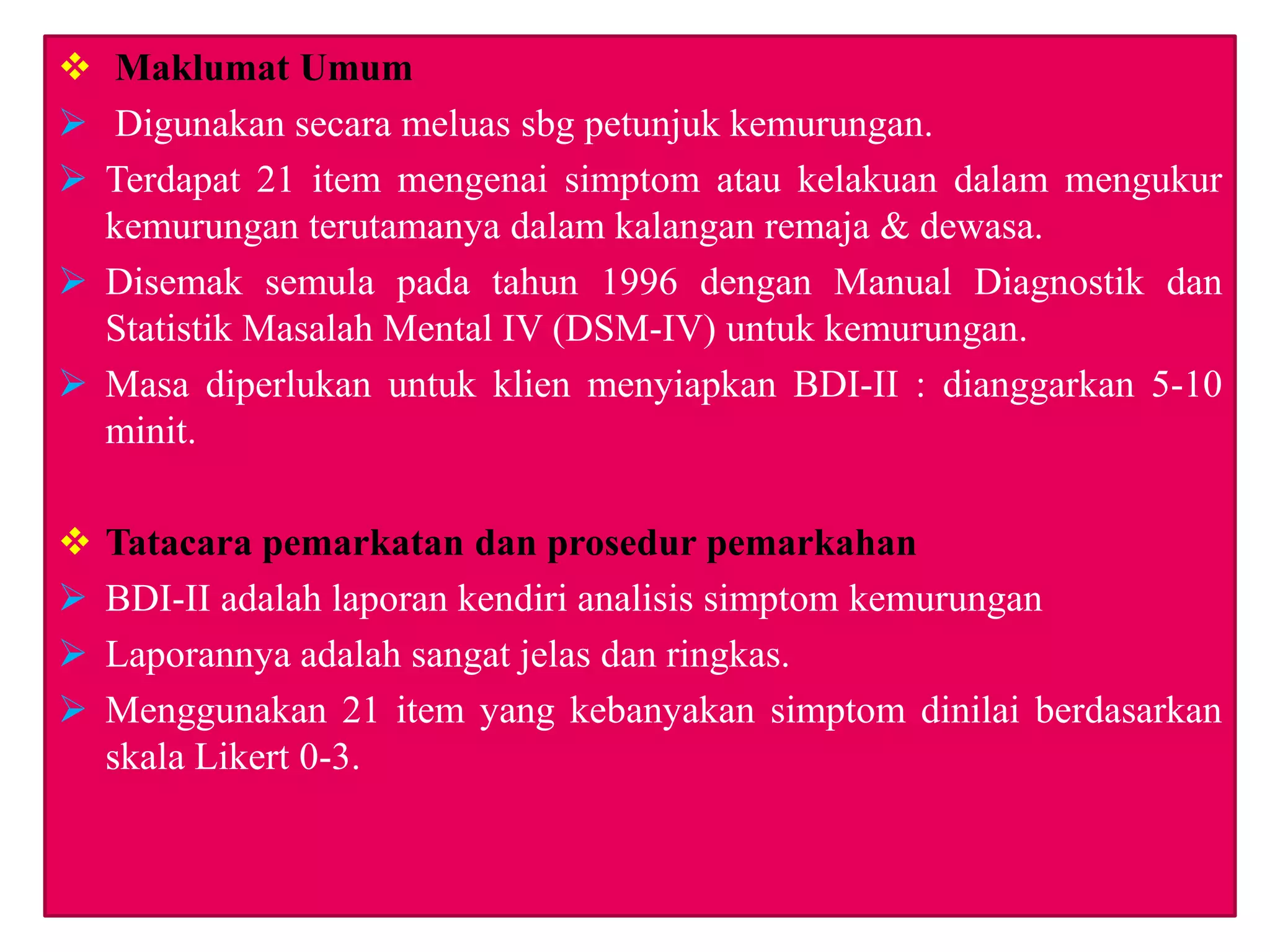 UJIAN PENGUKURAN : BECK DEPRESSION INVENTORY (BDI) | PPTX