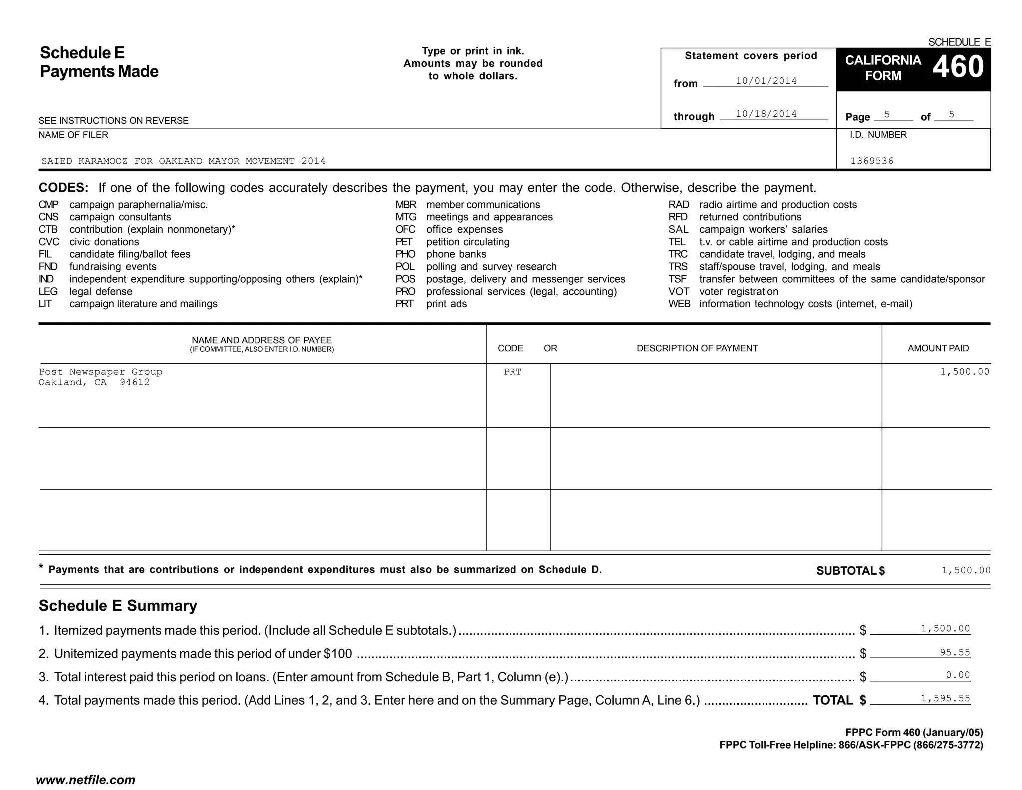 Saied Karamooz FPPC Form 460 10-1-14 to 10-18-14 | PPT