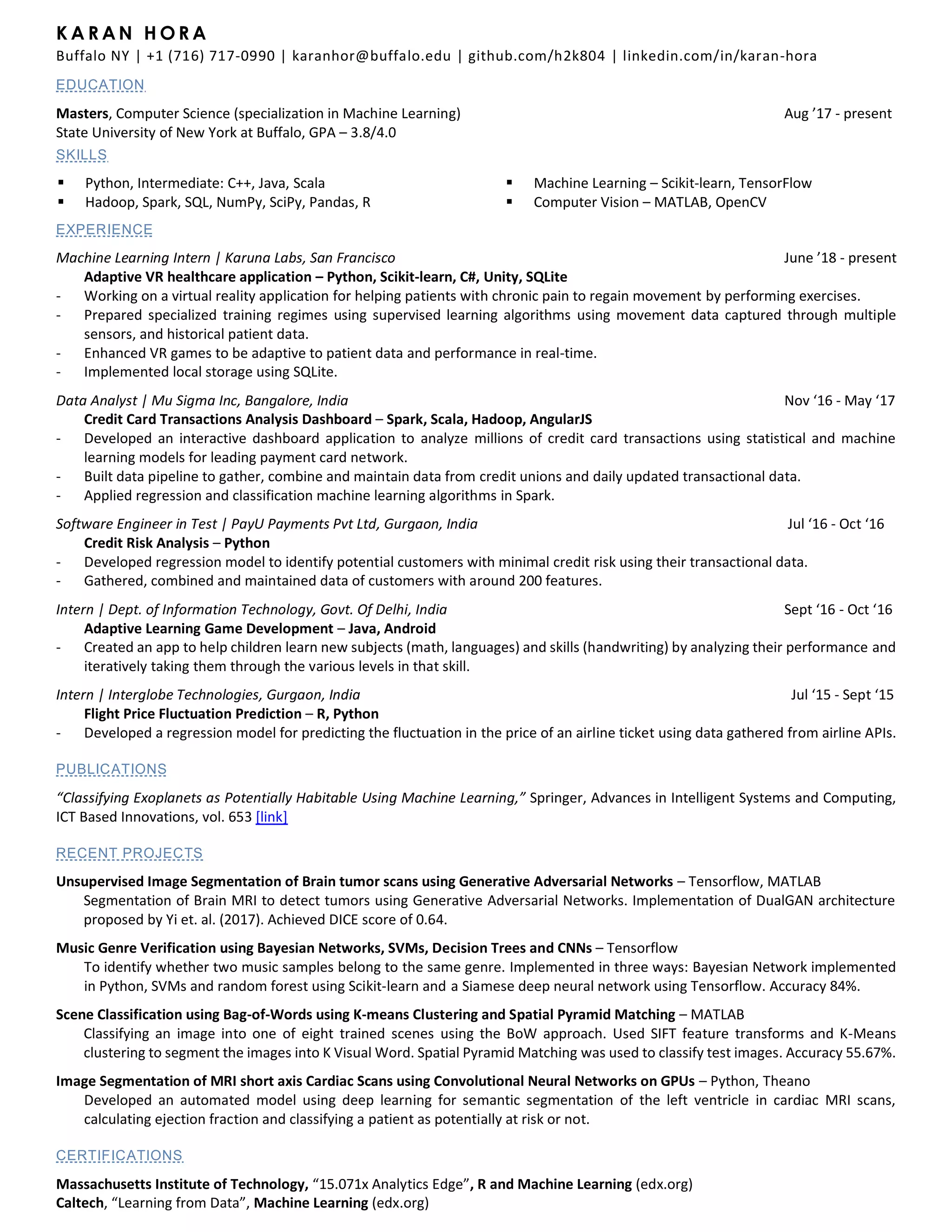 Karan Hora Resume ML | PDF