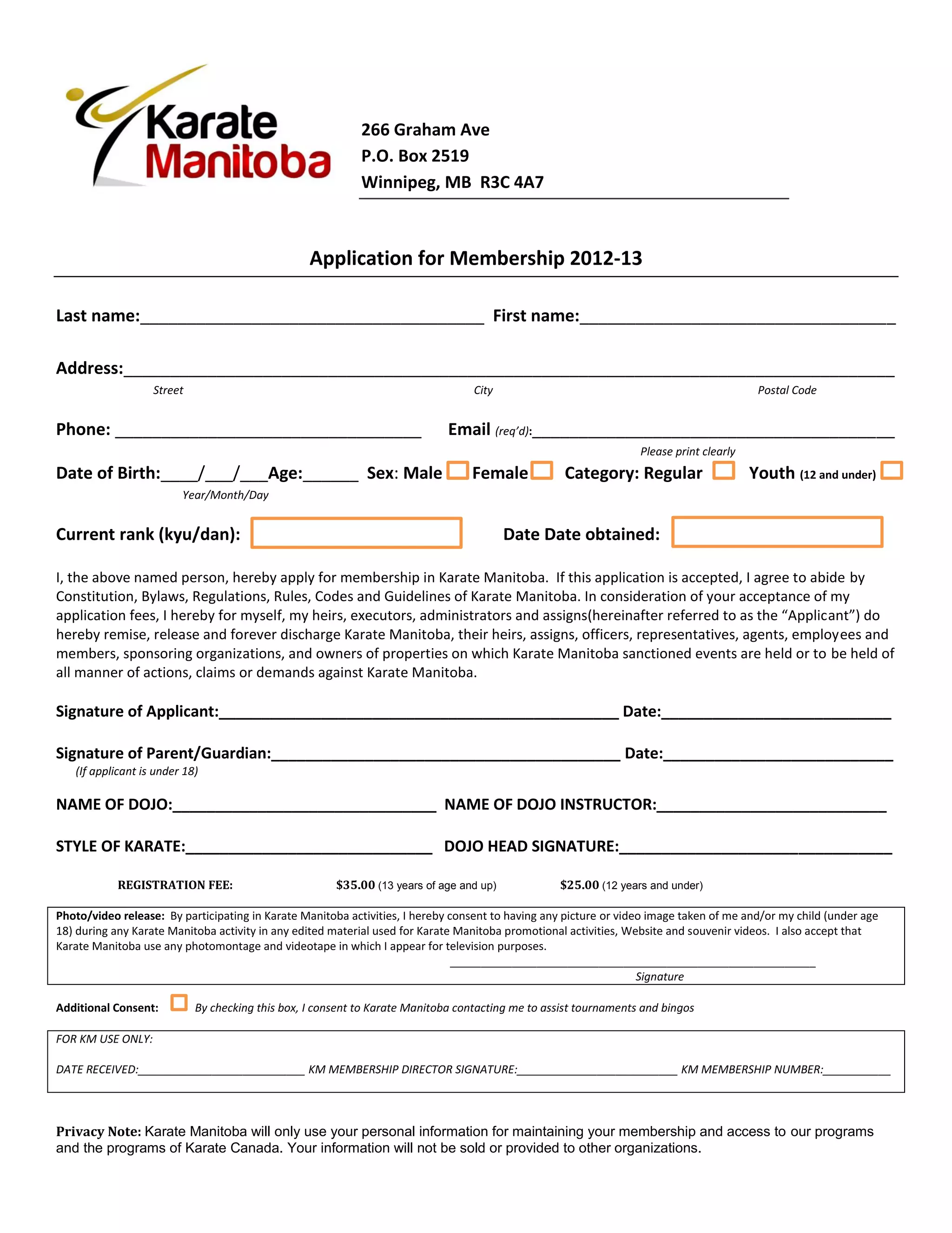 Karate Manitoba Membership Form 2012-2013 | PDF