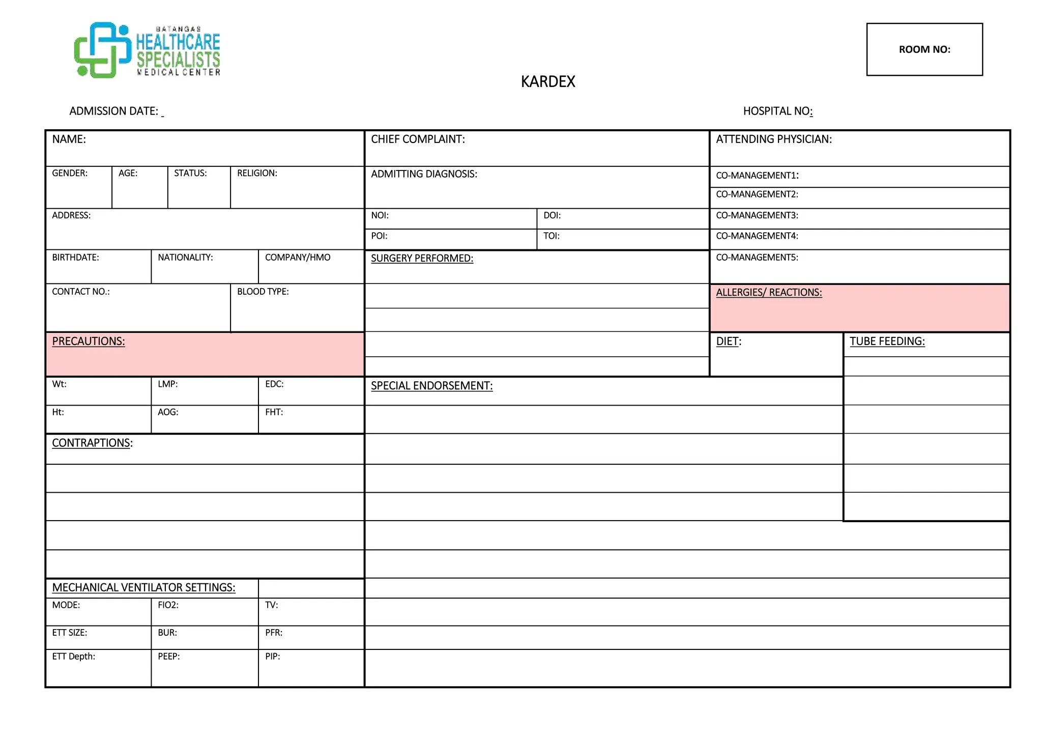 kardex needed for admission and list of information for patient | DOCX