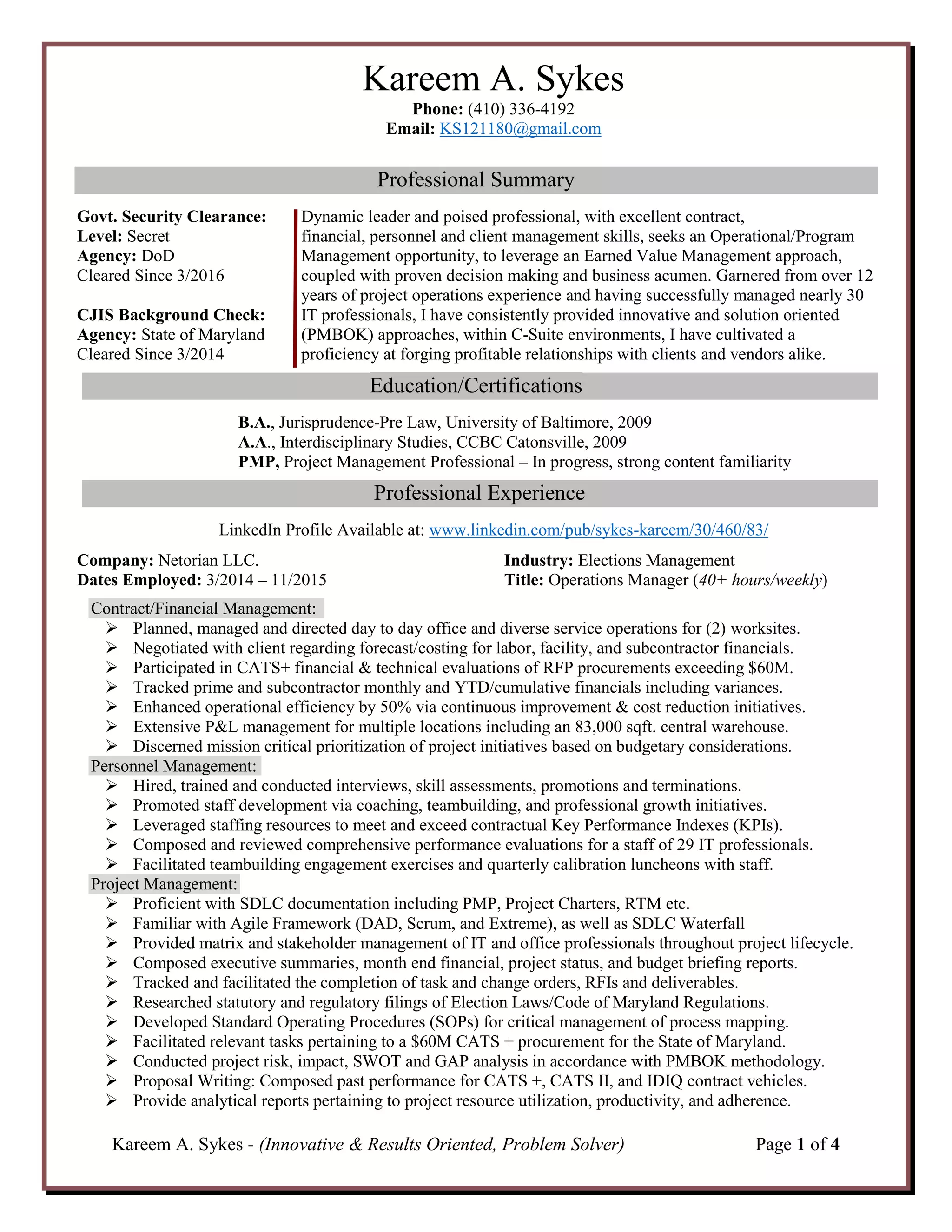 Kareem Sykes Professional Resume | PDF