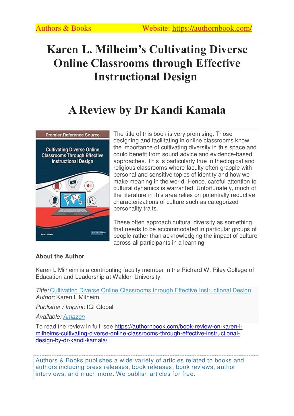 Karen L. Milheim’s Cultivating Diverse Online Classrooms through ...