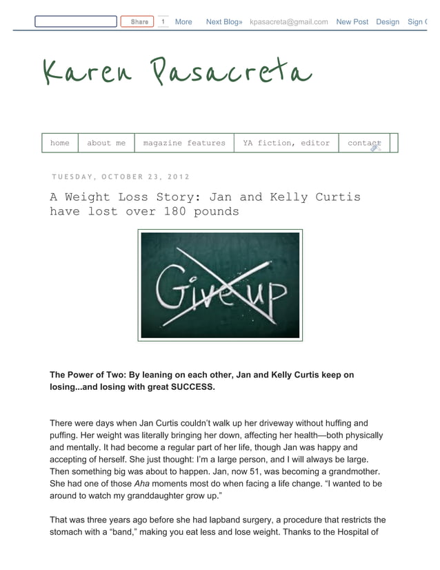 Karen pasacreta: a weight loss story: jan and kelly curtis have lost over 180 pounds | PDF