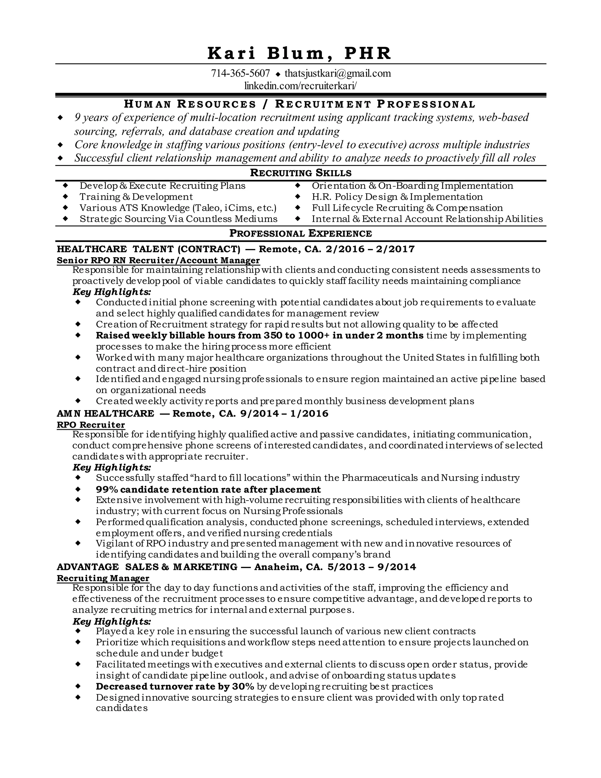 Healthcare RN Recruiter Resume | DOCX