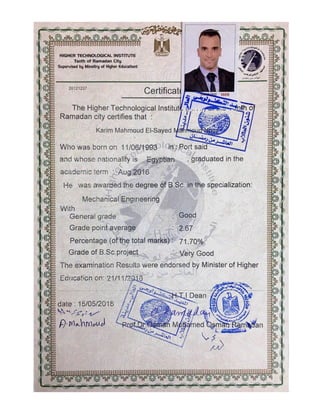 Karim Mahmoud Nour mechanical engineer certificates | PDF