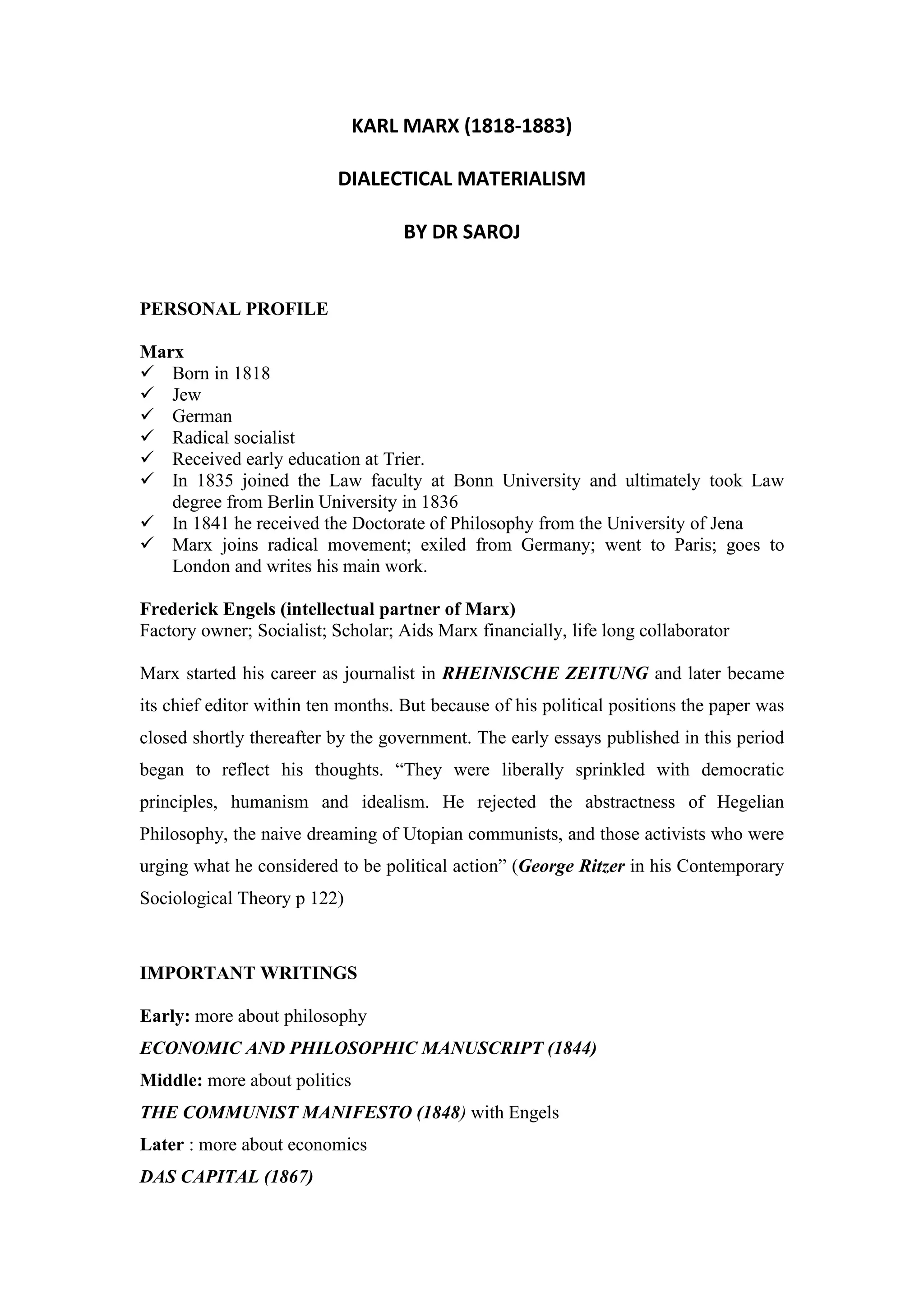 KARL MARX DIALECTICAL MATERIALISM BY DR SAROJ.pdf