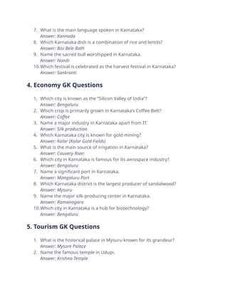 karnataka :100 General knowledge Questions | DOCX