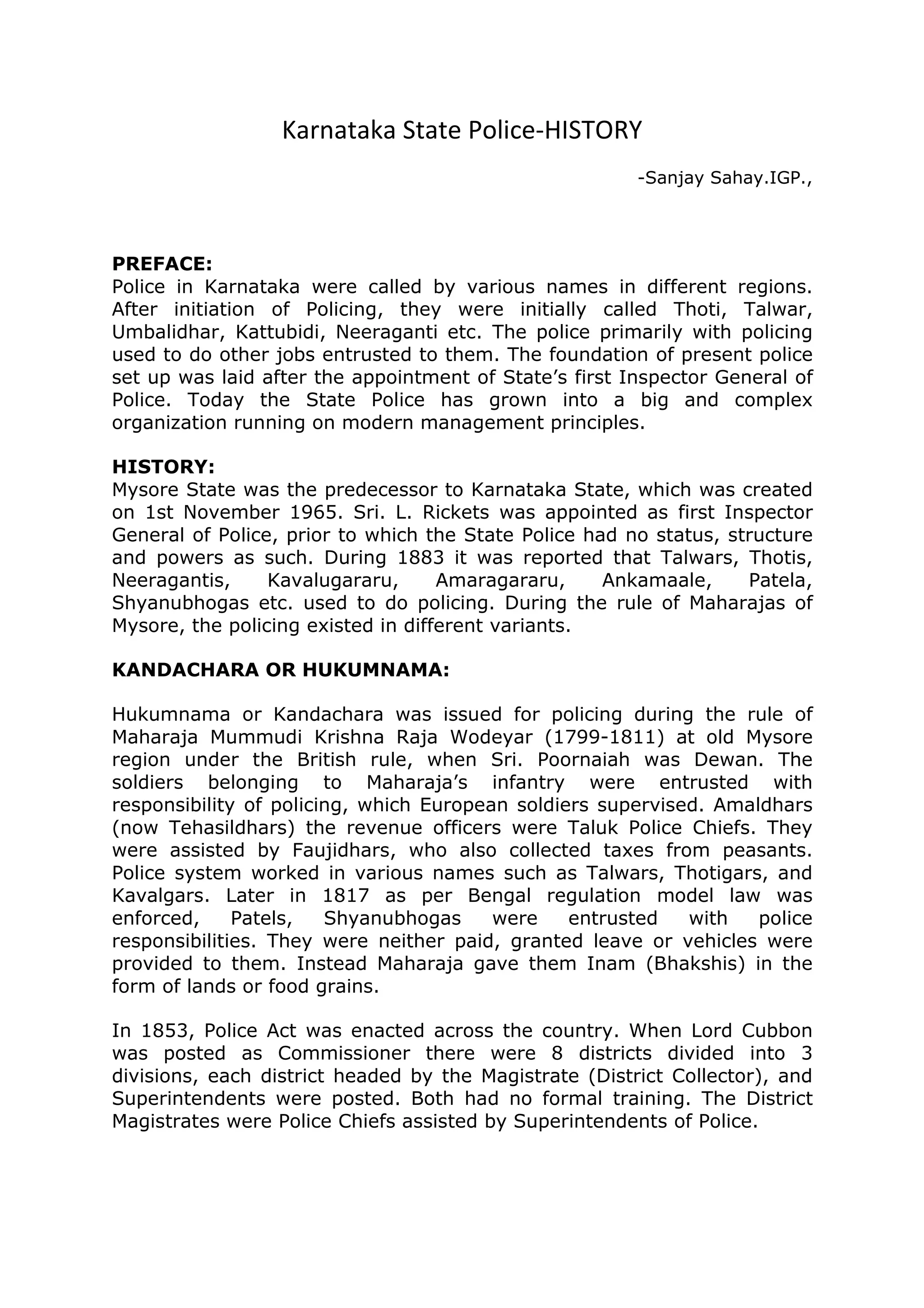Karnataka State Police-History | PDF