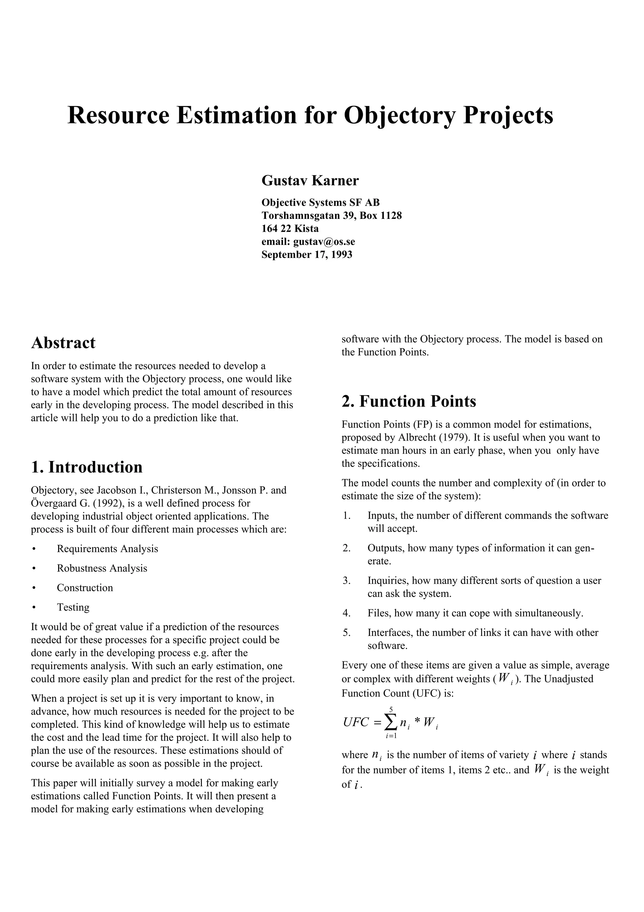 Karner resource estimation for objectory projects | DOC