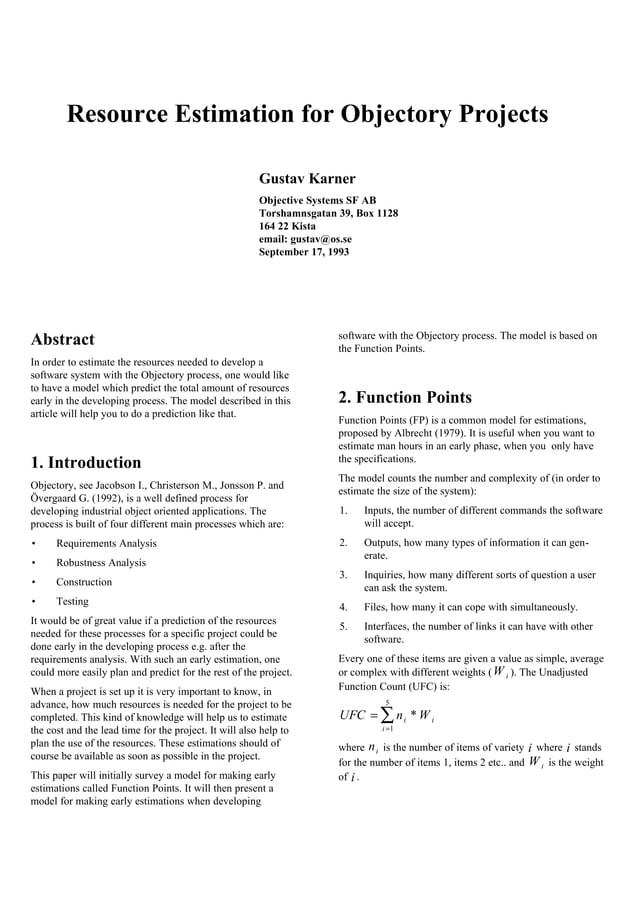 Karner resource estimation for objectory projects | DOC