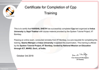 Karshil sheth-participant-certificate c++ | PDF | Educational Assessment | Education