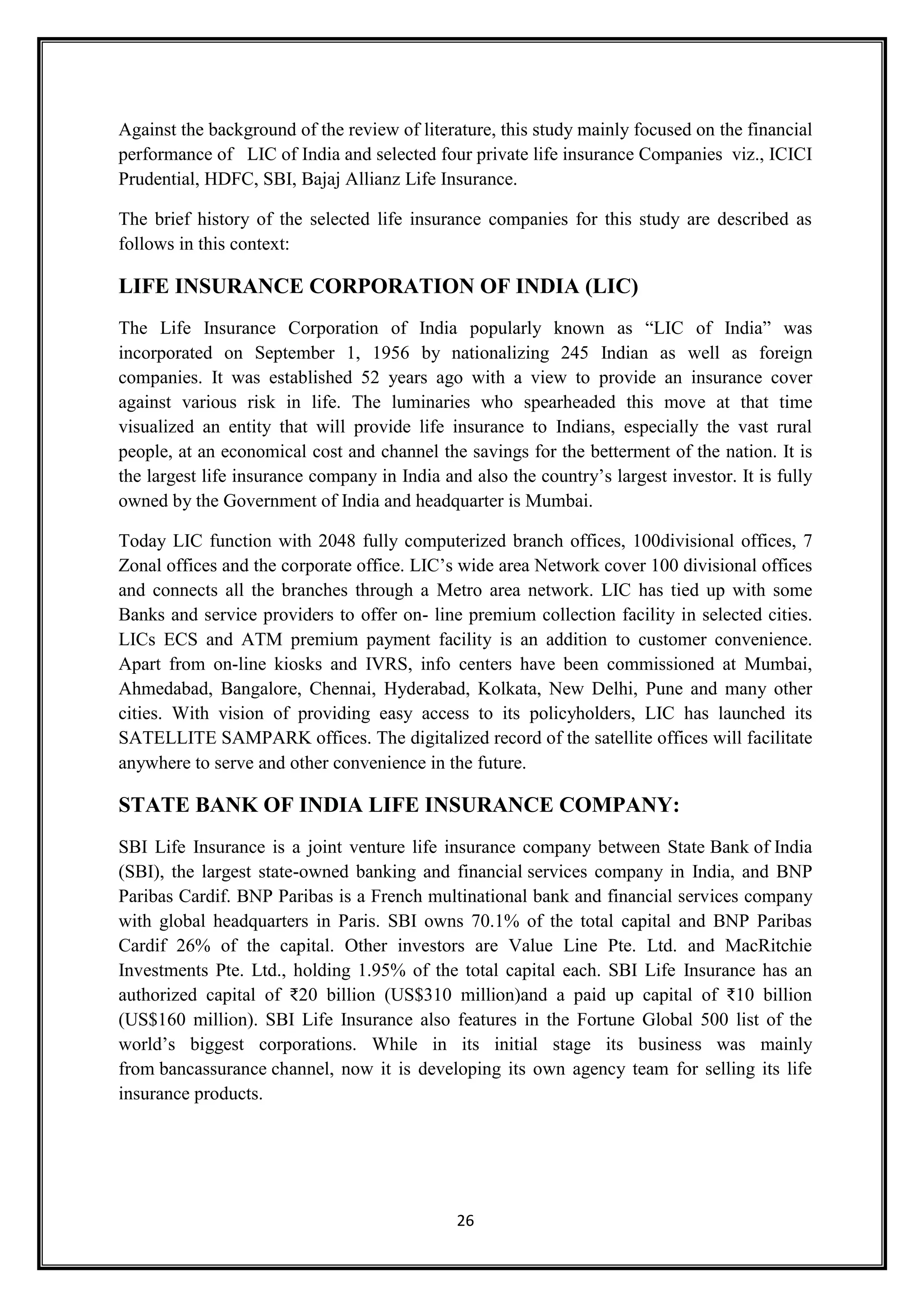 A Project Report on - FINANCIAL PERFORMANCE OF LIC AND PRIVATE SECTOR ...