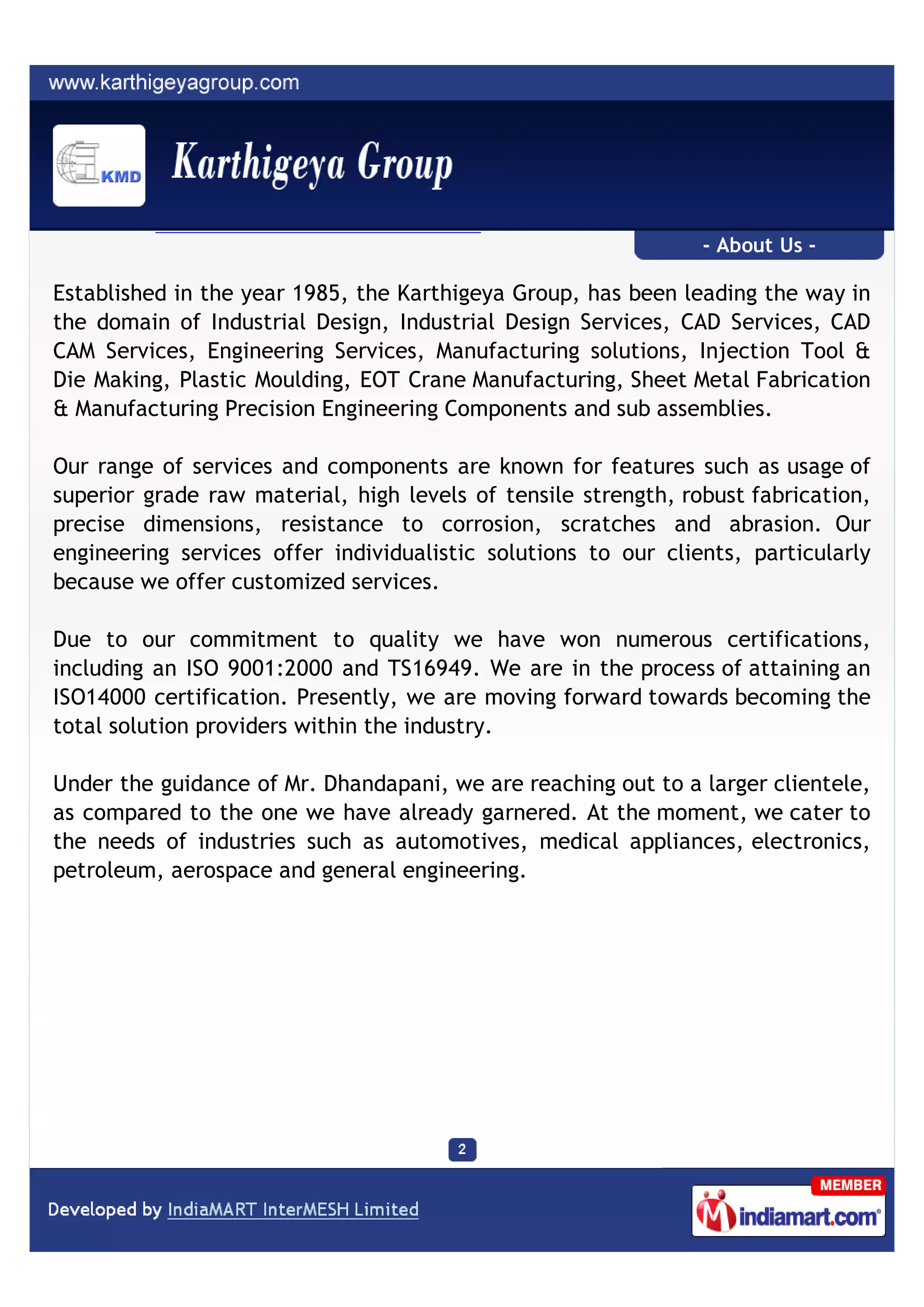 KARTHIGEYA MOULDS & DIES PVT. LTD, Chennai, Precision Components | PDF