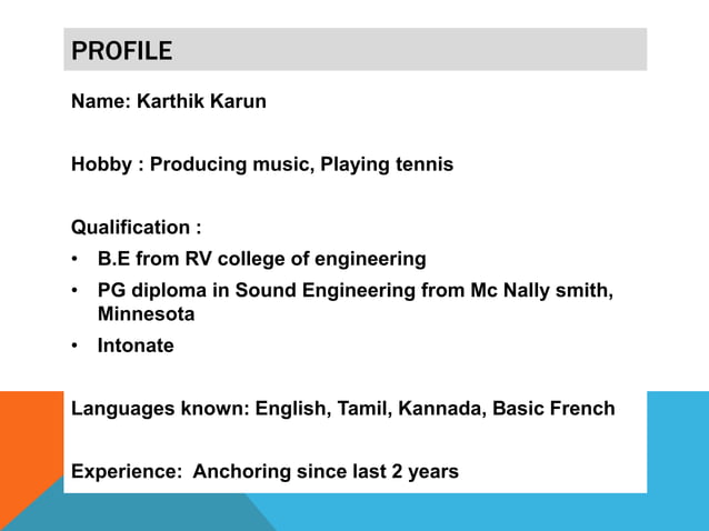 Karthik Emcee profile | PPT
