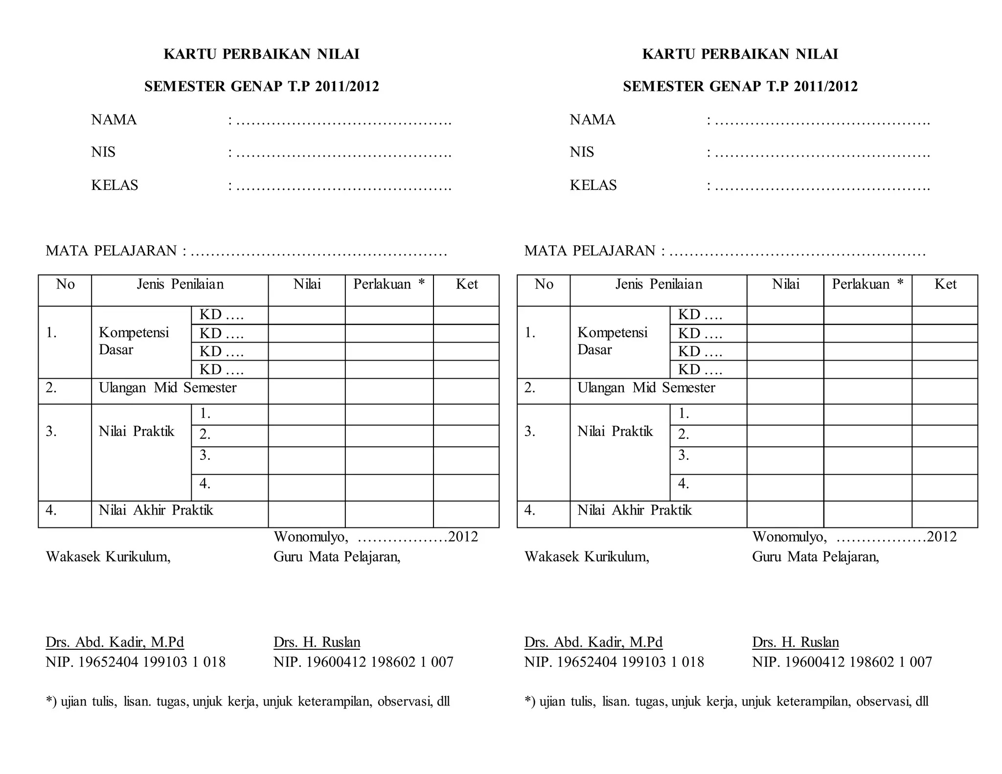 Kartu perbaikan nilai | DOCX