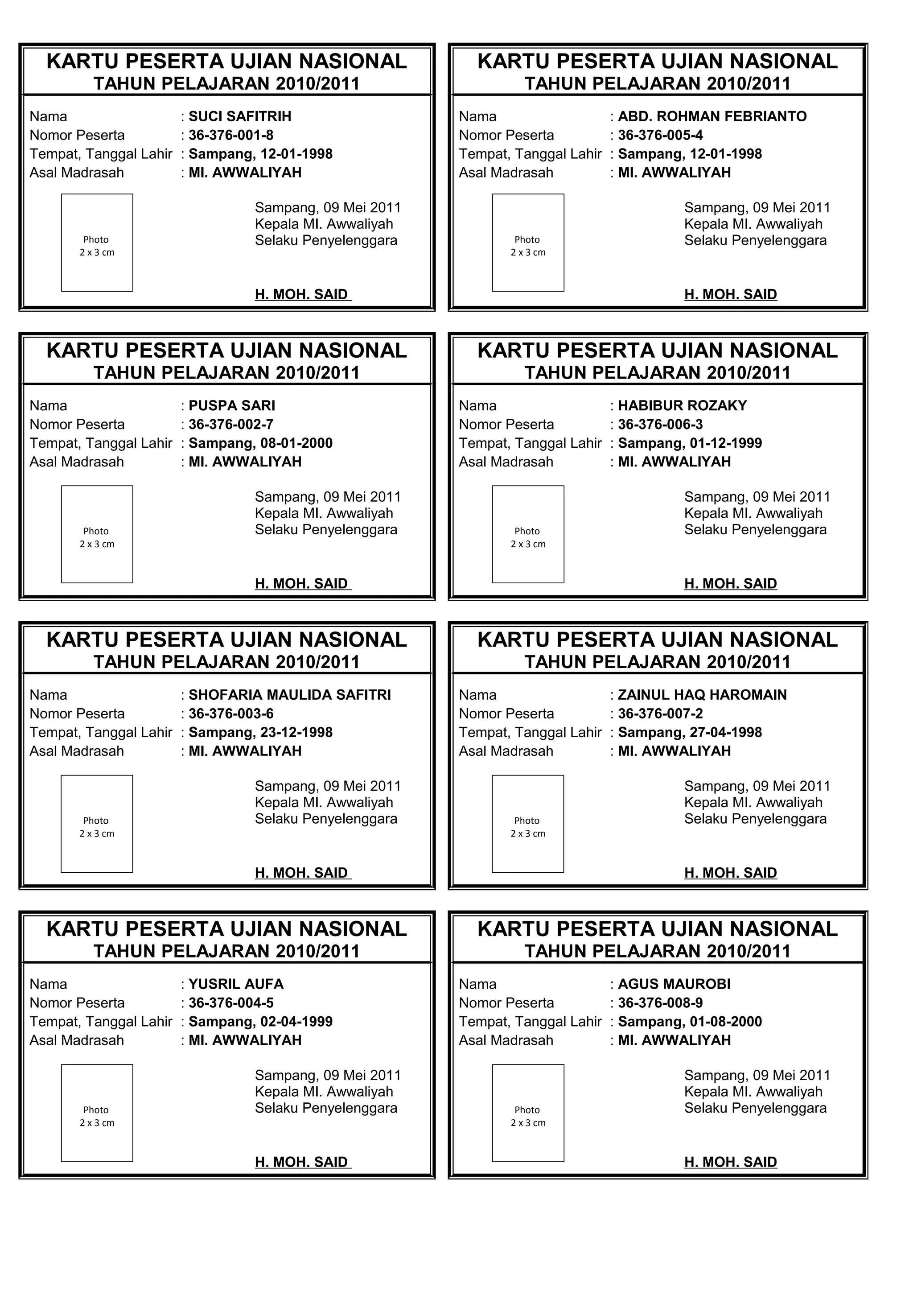 Contoh Kartu peserta ujian nasional | DOC