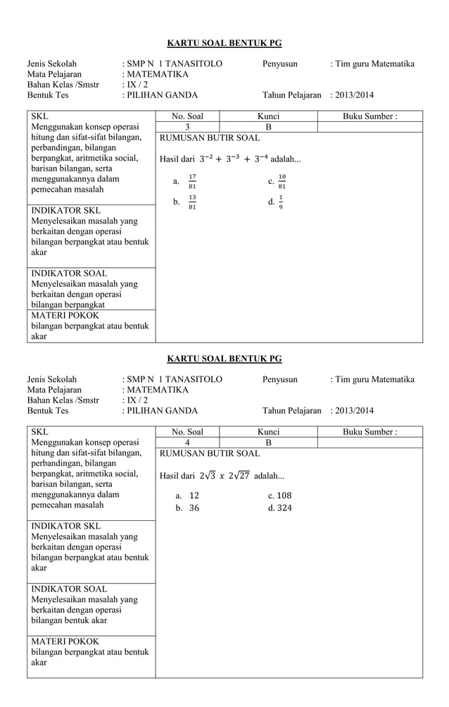 Kartu soal bentuk matematika pg 2014 | PDF