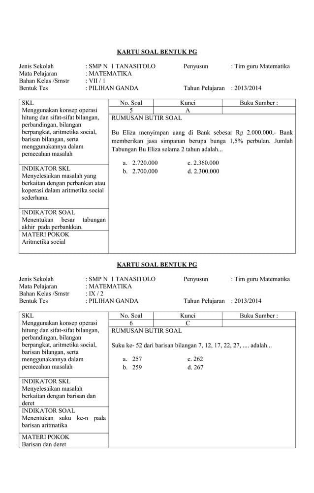 Kartu soal bentuk matematika pg 2014 | PDF