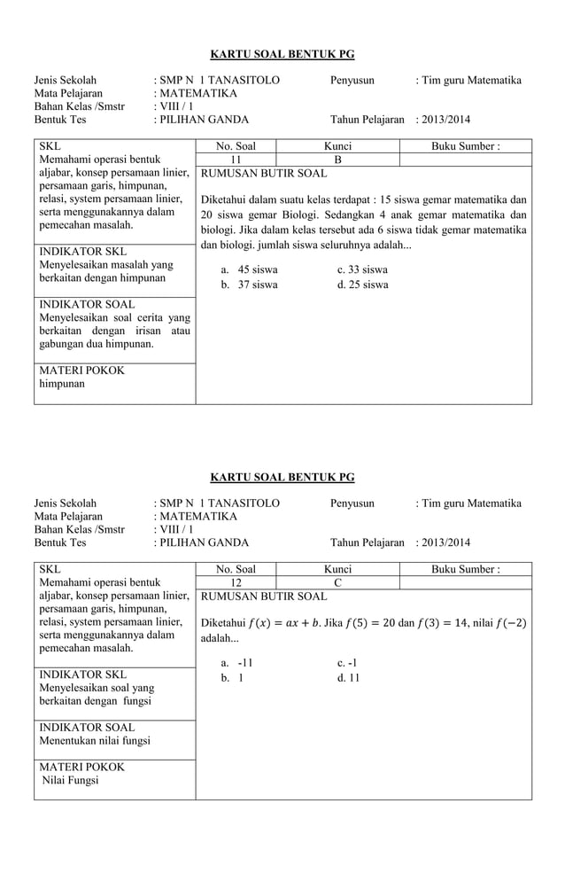 Kartu soal bentuk matematika pg 2014 | PDF
