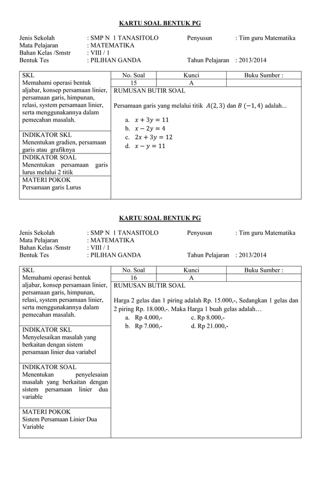 Kartu soal bentuk matematika pg 2014 | PDF