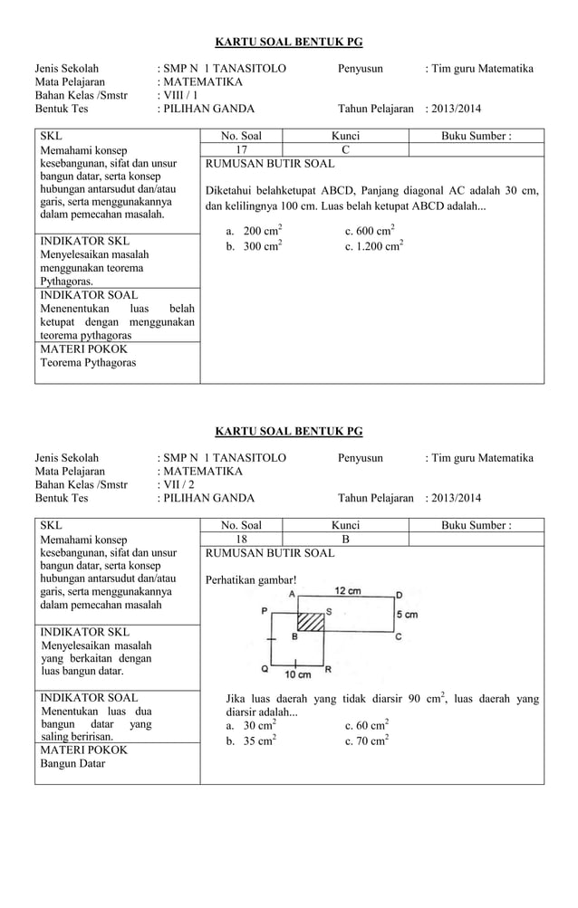 Kartu soal bentuk matematika pg 2014 | PDF