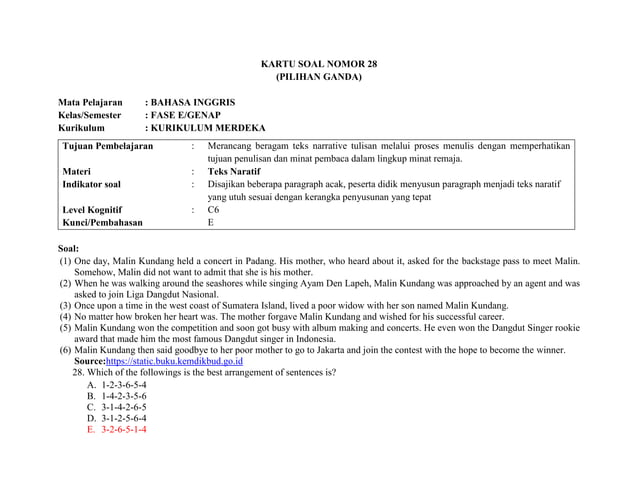 KARTU SOAL FASE E BAHASA INGGRIS 2023-2024 ZR - Genap.pdf | Nutrition | Healthy Living