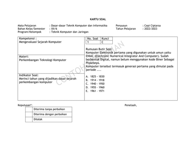 Kartu Soal matematika kelas XI sekolah menengah kejuruan | DOCX