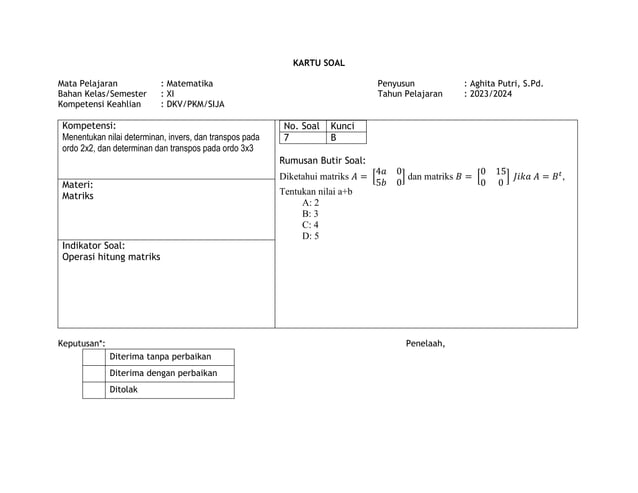 Kartu Soal matematika kelas XI sekolah menengah kejuruan | DOCX