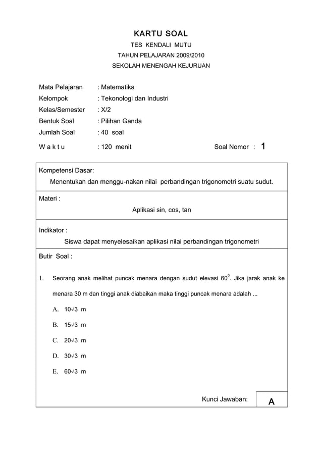 Kartu soal matematika kls xi tahun 2009 2010 | PDF