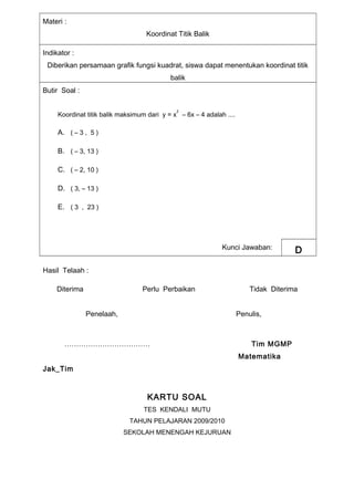 Kartu soal matematika kls xi tahun 2009 2010 | DOC