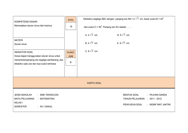 Kartu soal matematika paket a tkm 2011 2012 | PPT