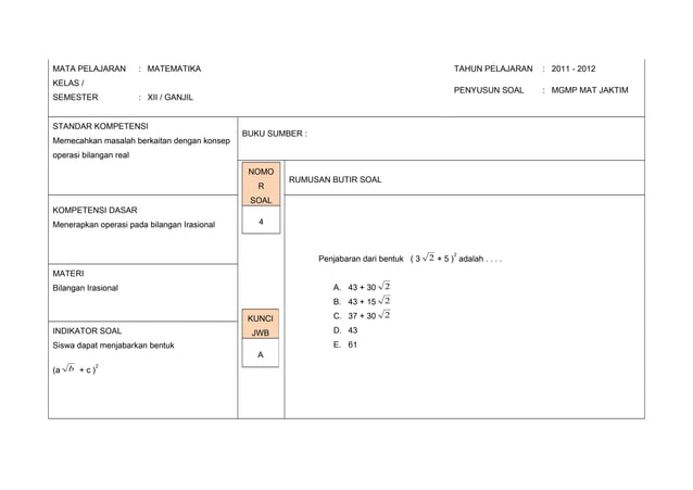 Kartu soal matematika paket a tkm 2011 2012 | PPT