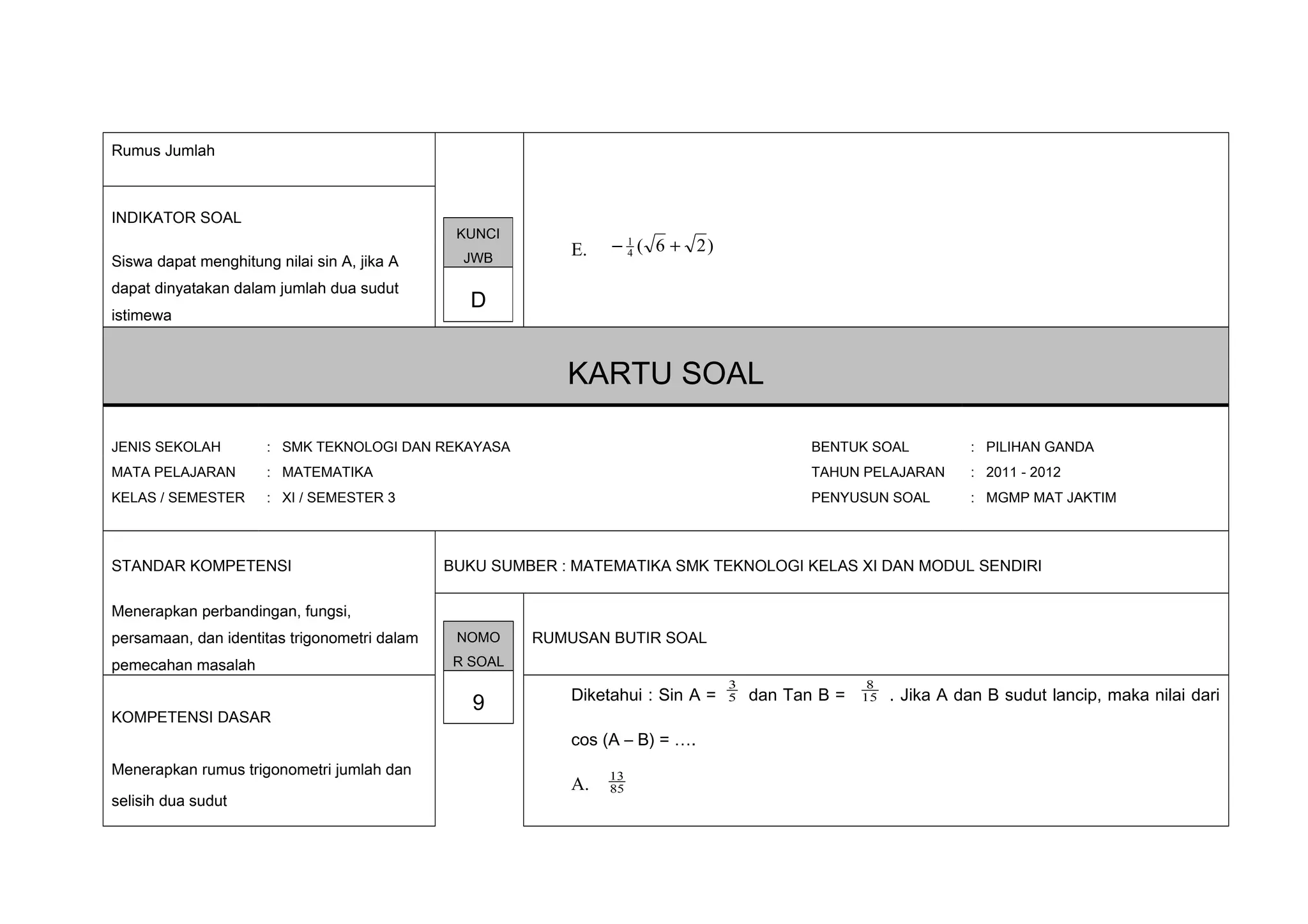 Kartu soal matematika teknik kls xi 3 11-12 | PPT