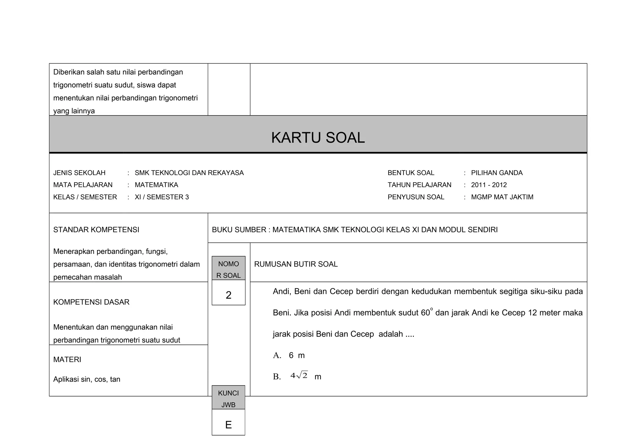 Kartu soal matematika teknik kls xi 3 11-12 | PPT