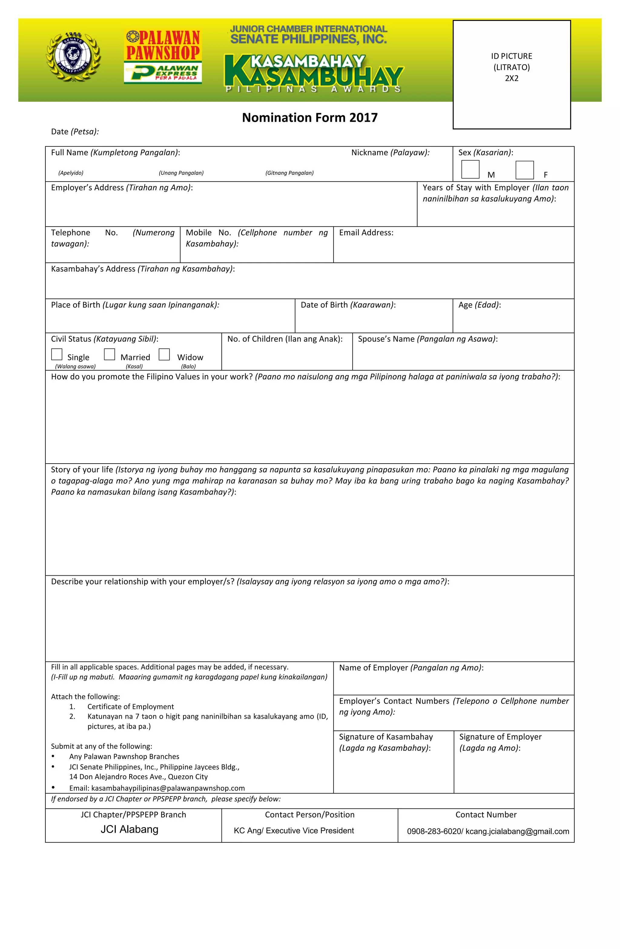 Kasambahay Kasambuhay Nomination Form JCI Alabang | PDF