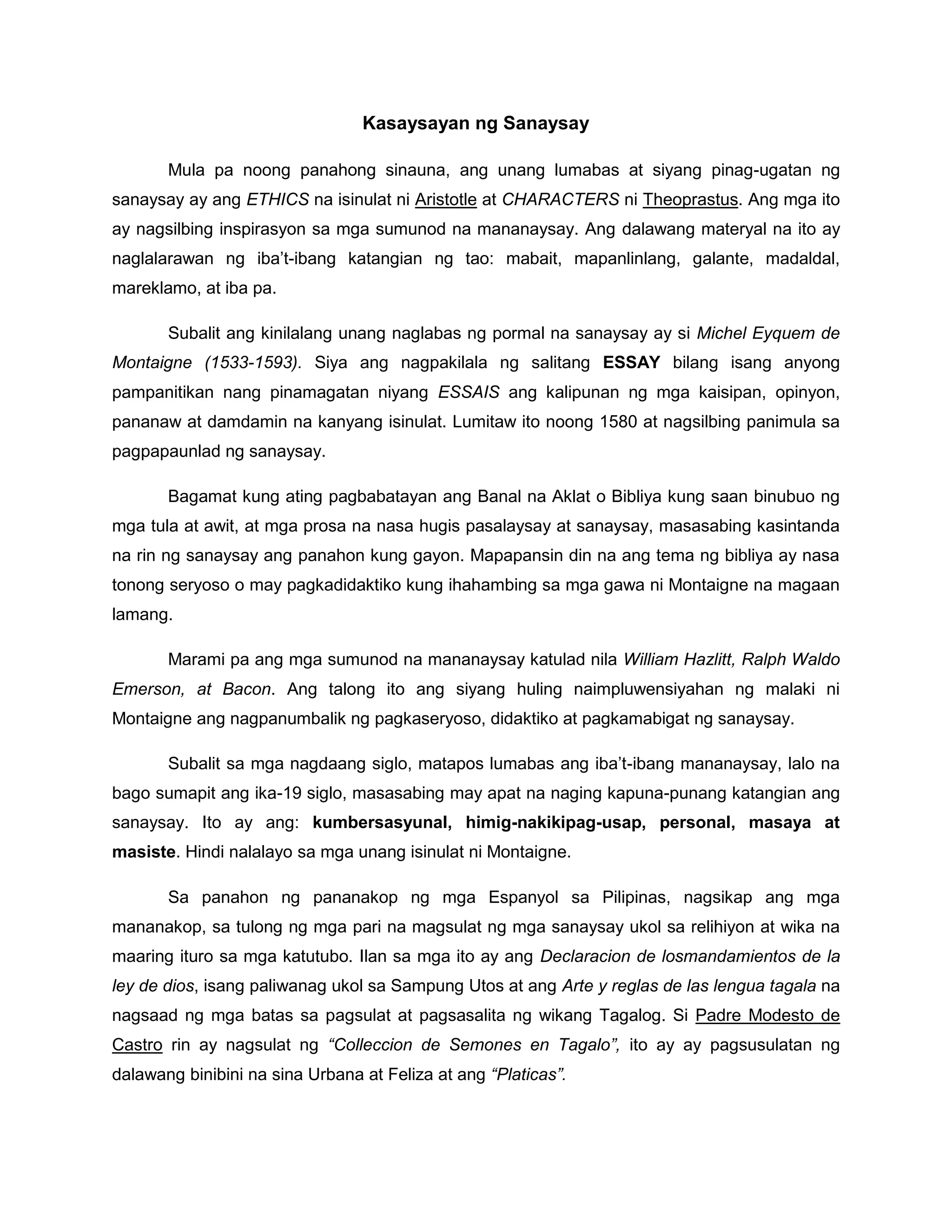 kasaysayan ng sanaysay | PDF