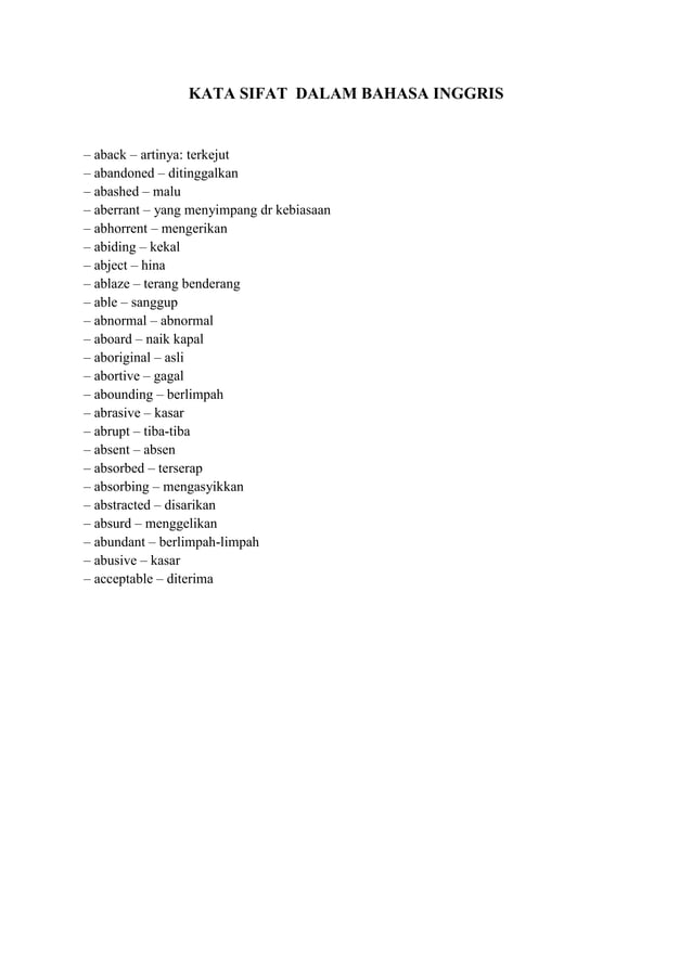 Kata benda dan kata kerja dalam bahasa inggris dan kata sifat | DOCX