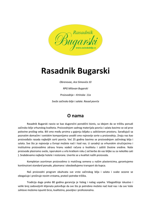 Katalog zacinskog bilja - rasadnik Bugarski | PDF
