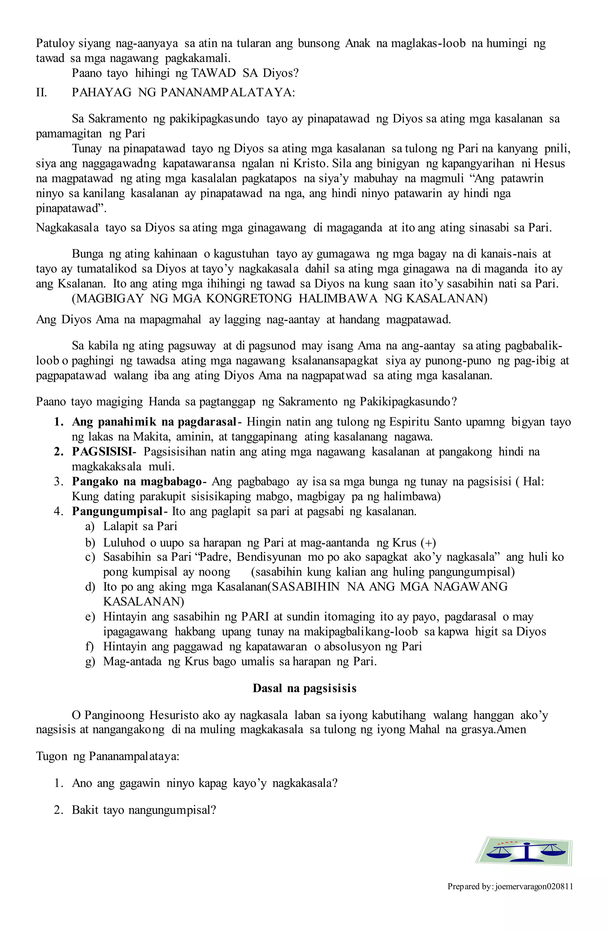 Katekesis sa Sakramento ng pakikipagkasundo | DOCX