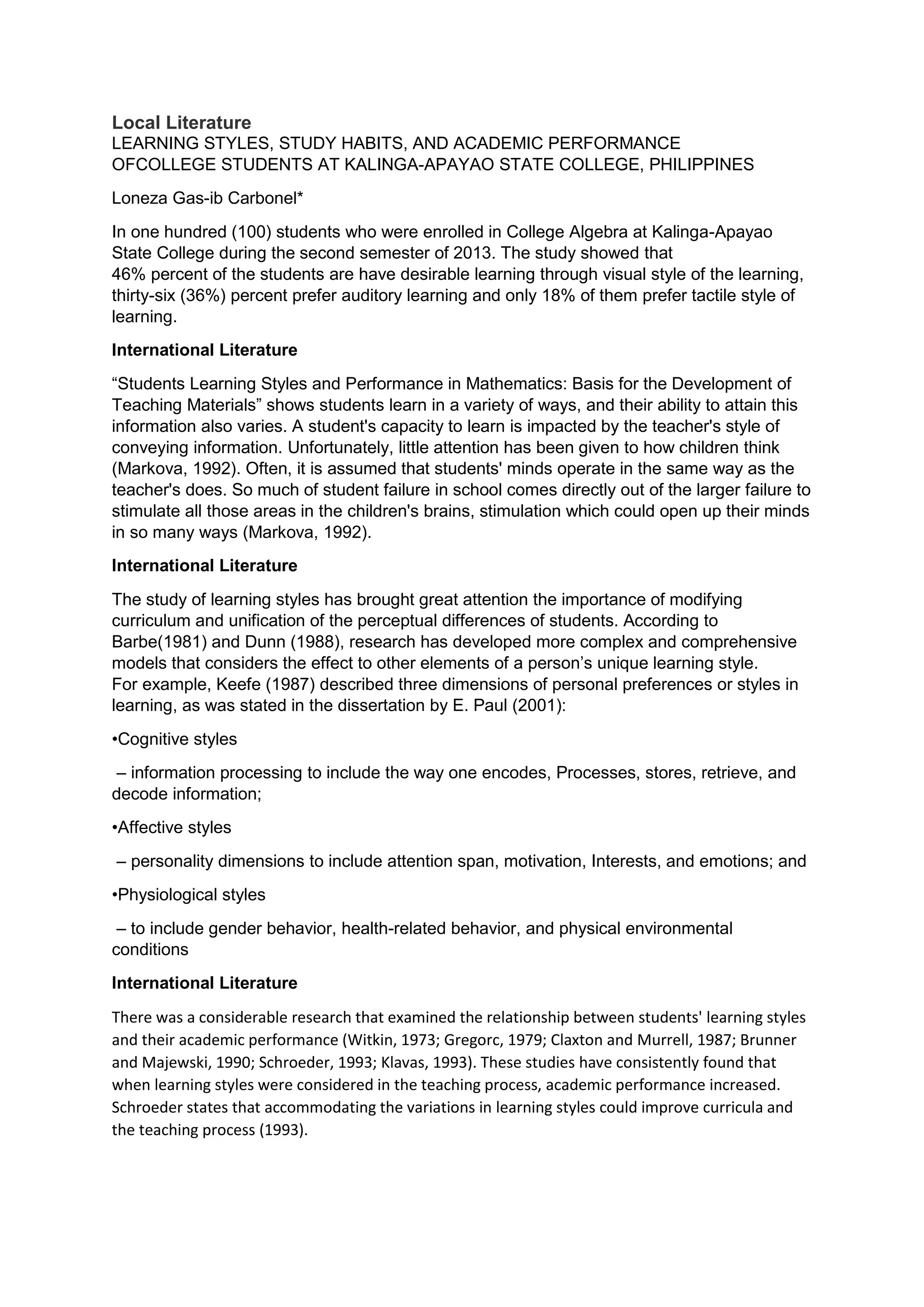 8 rrl on Learning styles & academic trac | DOCX