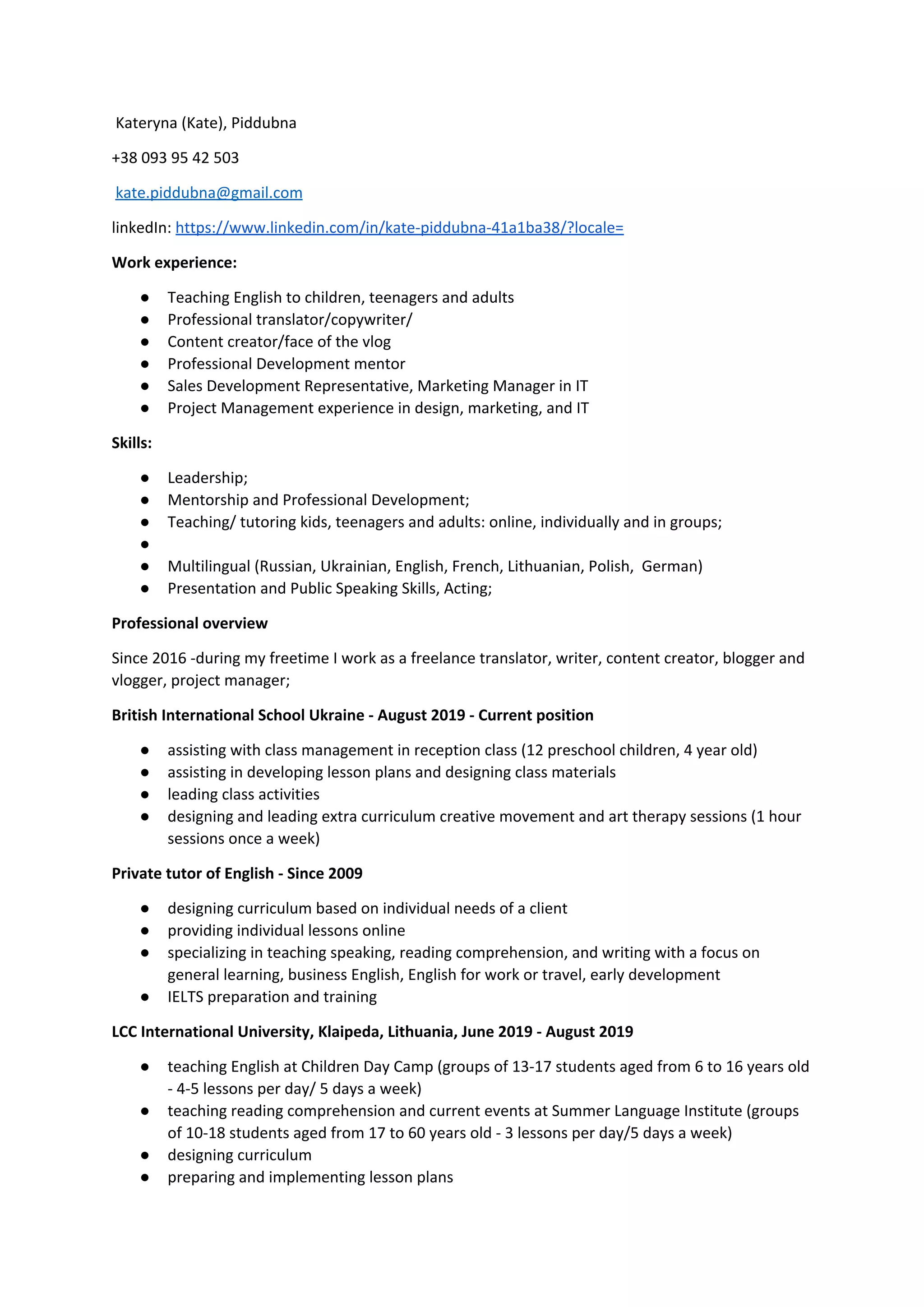 Kateryna piddubna cv 2019 | PDF