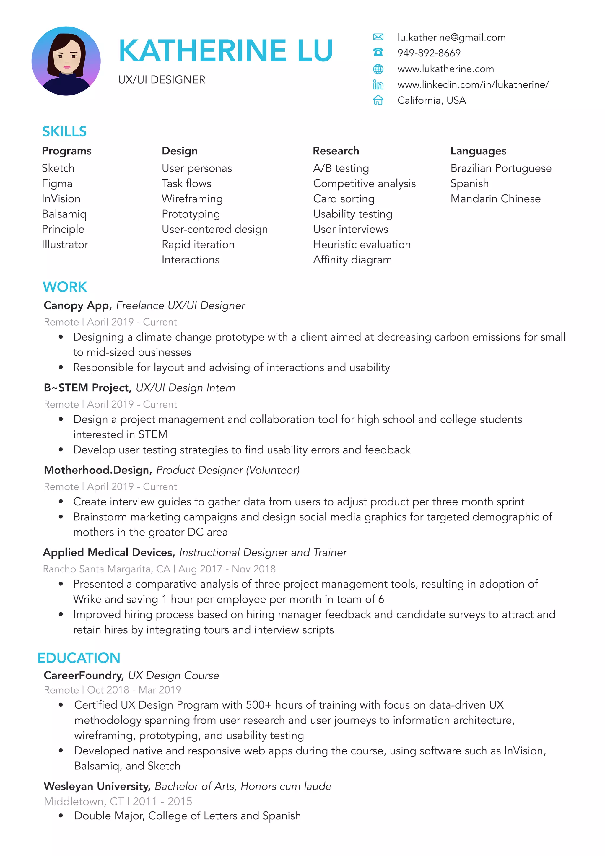 UX/UI Design Resume - Katherine Lu | PDF