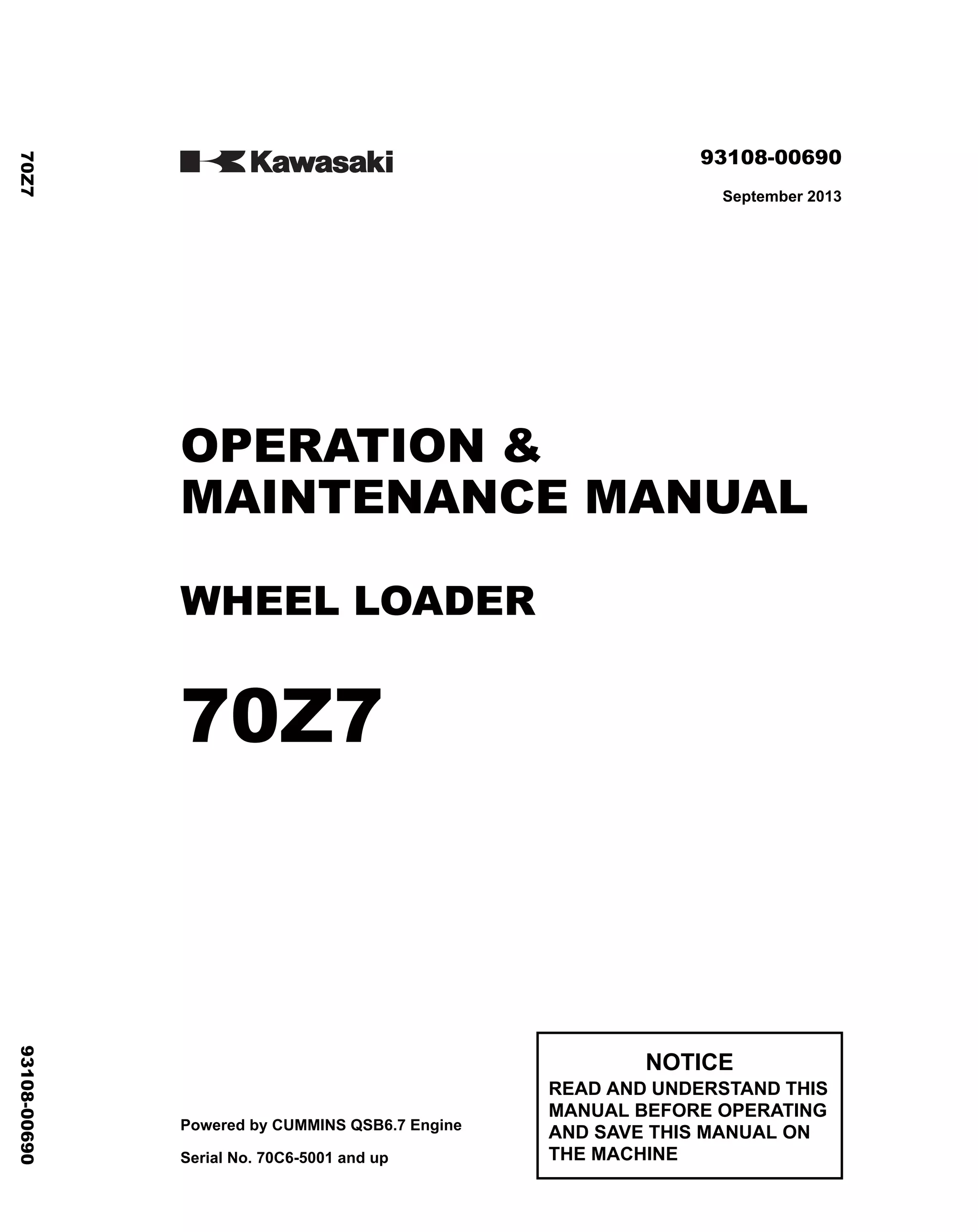 Kawasaki 70 z7 wheel loader operation and maintenance manual (serial no. 70c6 5001 and up) | PDF