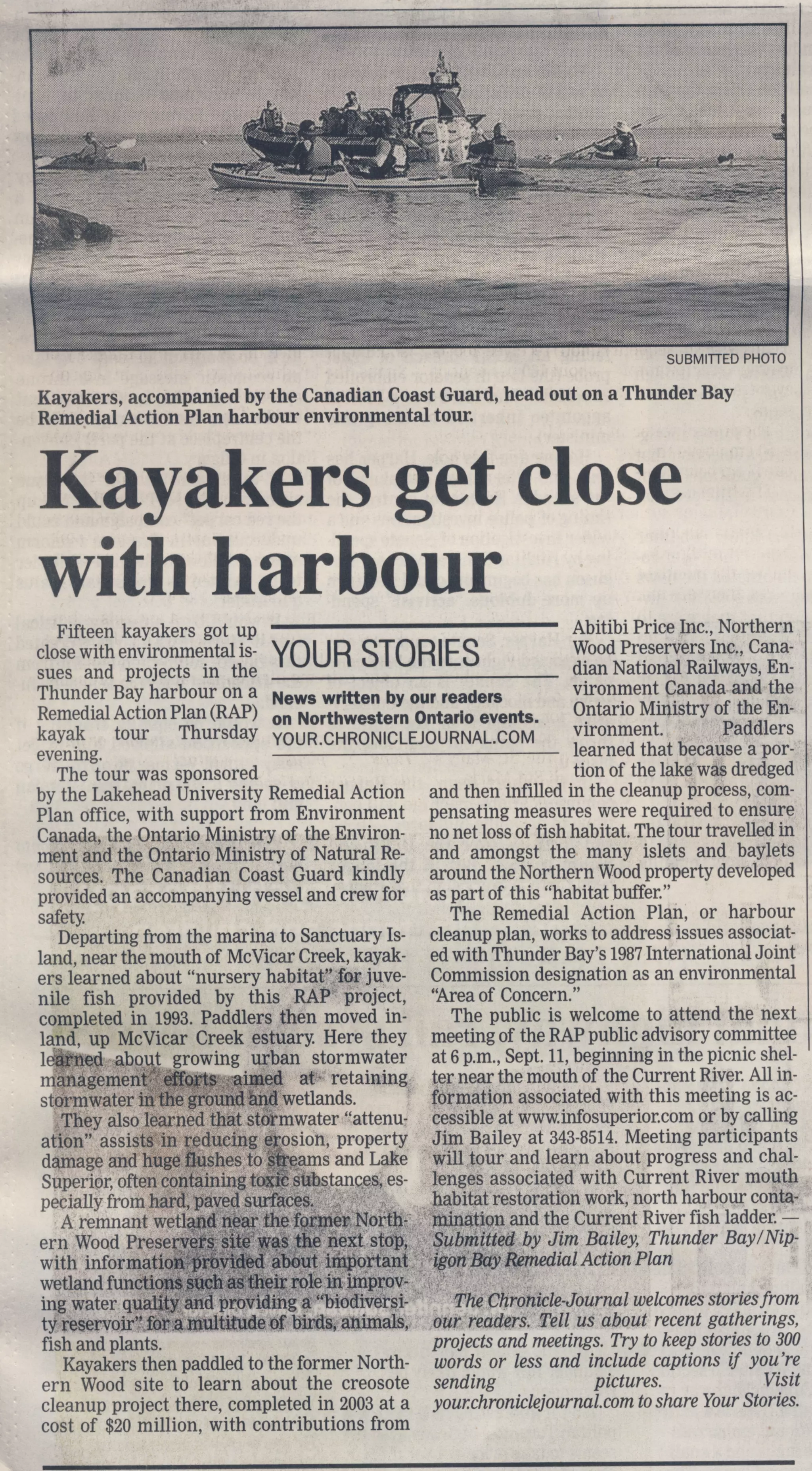 Chronicle Journal Thunder Bay Harbour Kayak Tour Article - August 18 ...