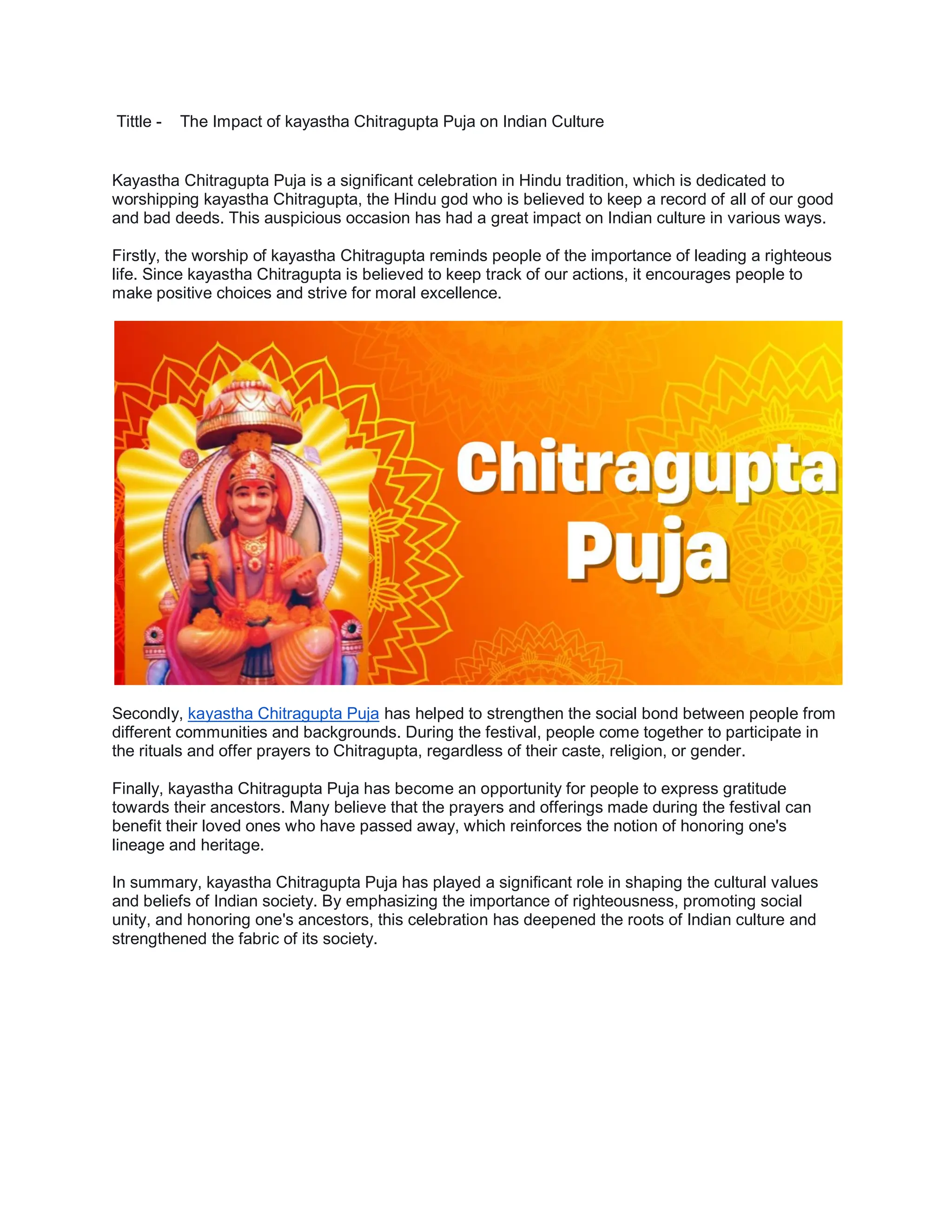 The Impact of kayastha Chitragupta Puja on Indian Culture | PDF