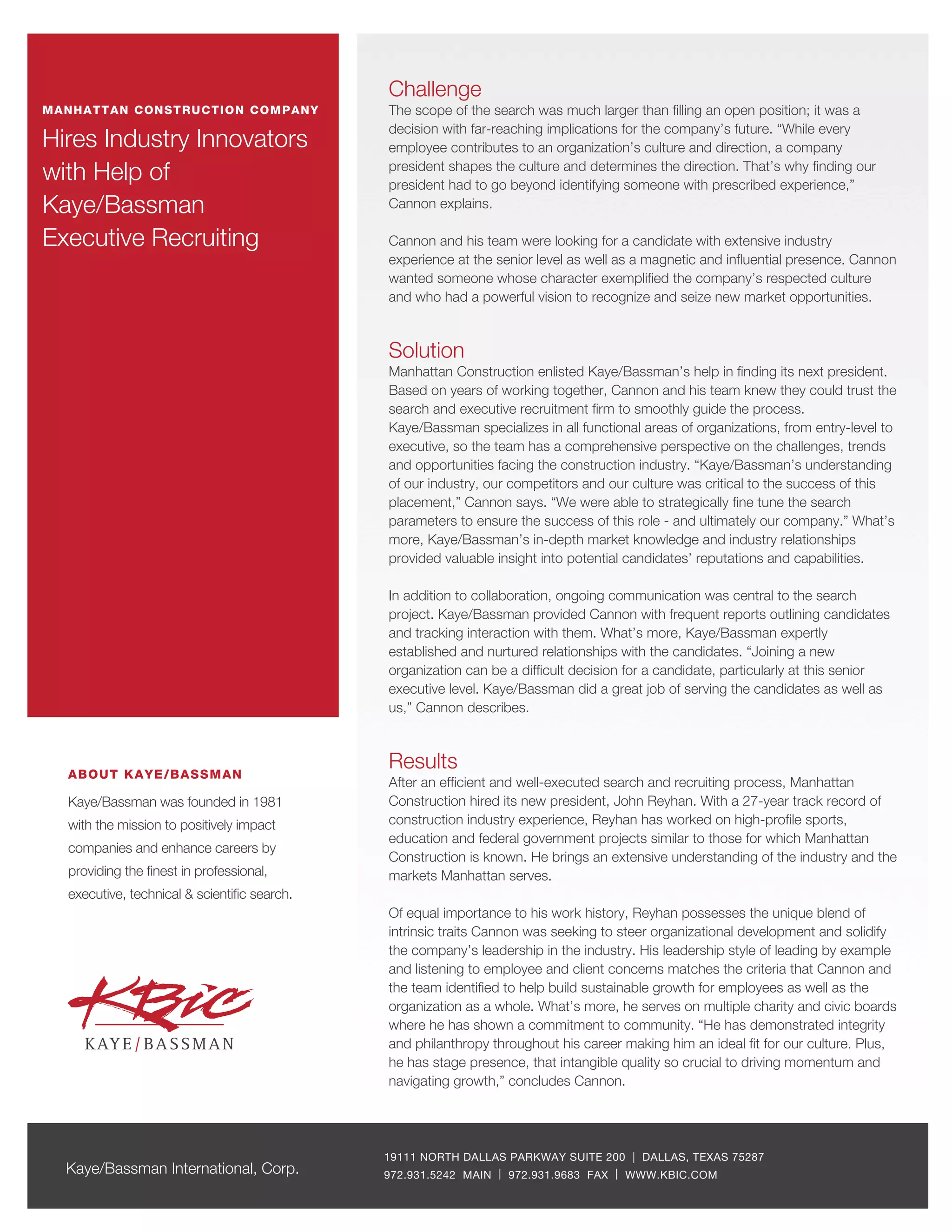 Kaye/Bassman Case Study: Manhattan Construction | PDF