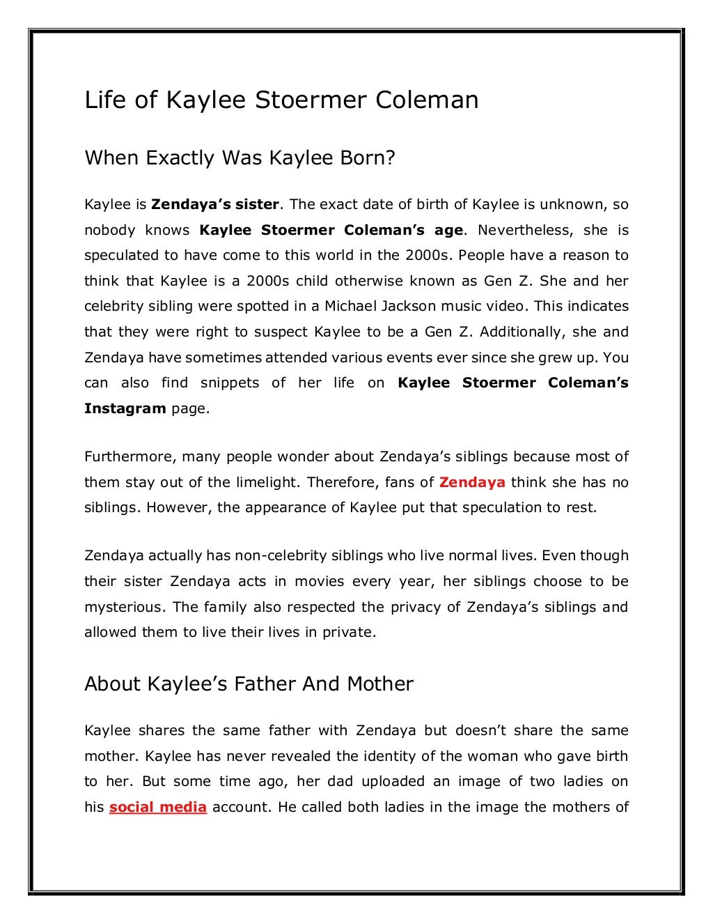 The Life of Kaylee Stoermer Coleman: Zendaya's Little Sister | PDF