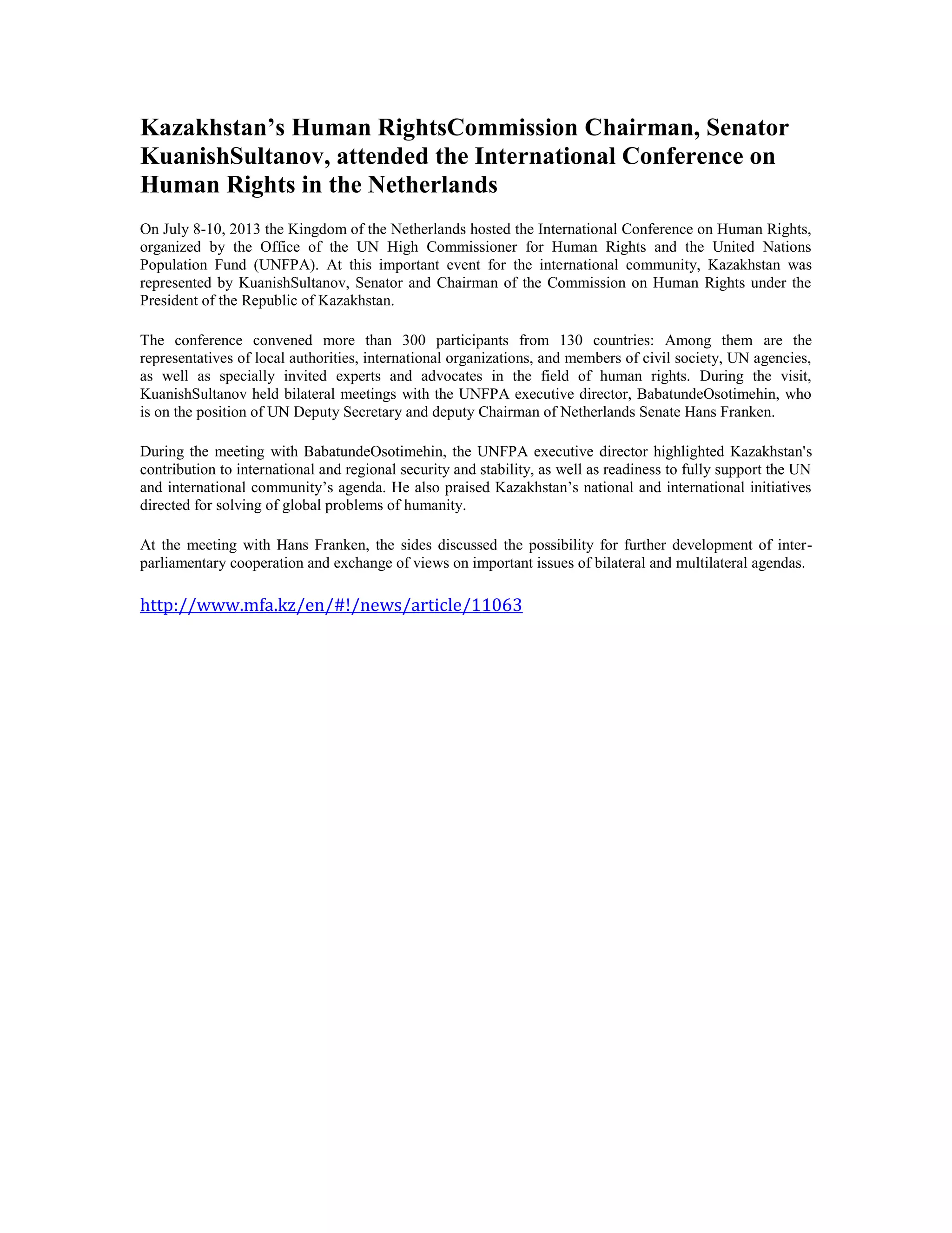 Kazakhstan’s Human Rights Commission Chairman Attends Conference | DOCX